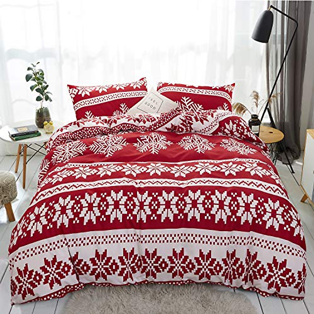 LAMEJOR Christmas Duvet Cover Set King Size Snowflake Pattern Holiday Bedding Set Comforter Cover(1 Duvet Cover+2 Pillowcases) Red