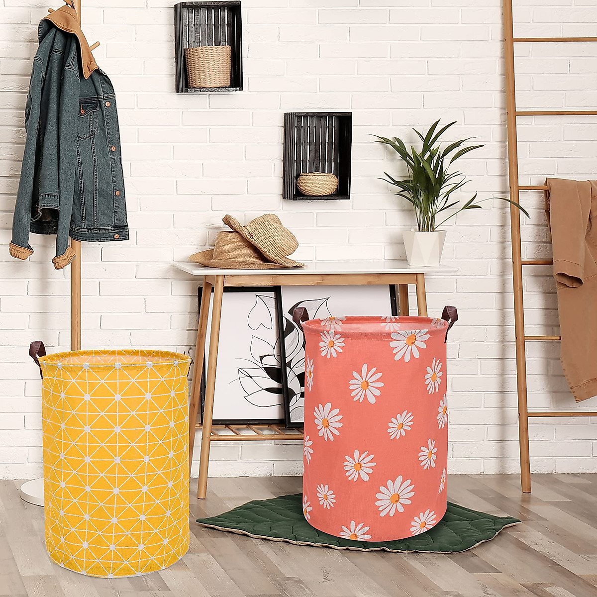 Seebel Strorage Basket,Nursery Hamper Canvas Laundry Basket Foldable with Waterprrof PE Coating Foldable Home Organizer for Kids Boys and Girls,Office,Bedroom,Clothes,Toys-Yellow Grid, Flower