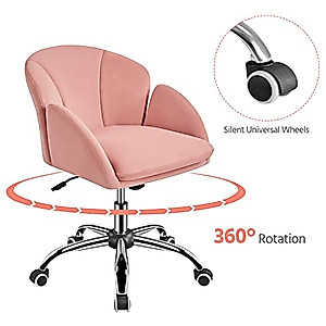 Yaheetech Cute Velvet Desk Chair for Home Office, Makeup Vanity Chair with Armrests for Bedroom Modern Swivel Rolling Chair for Women Pink