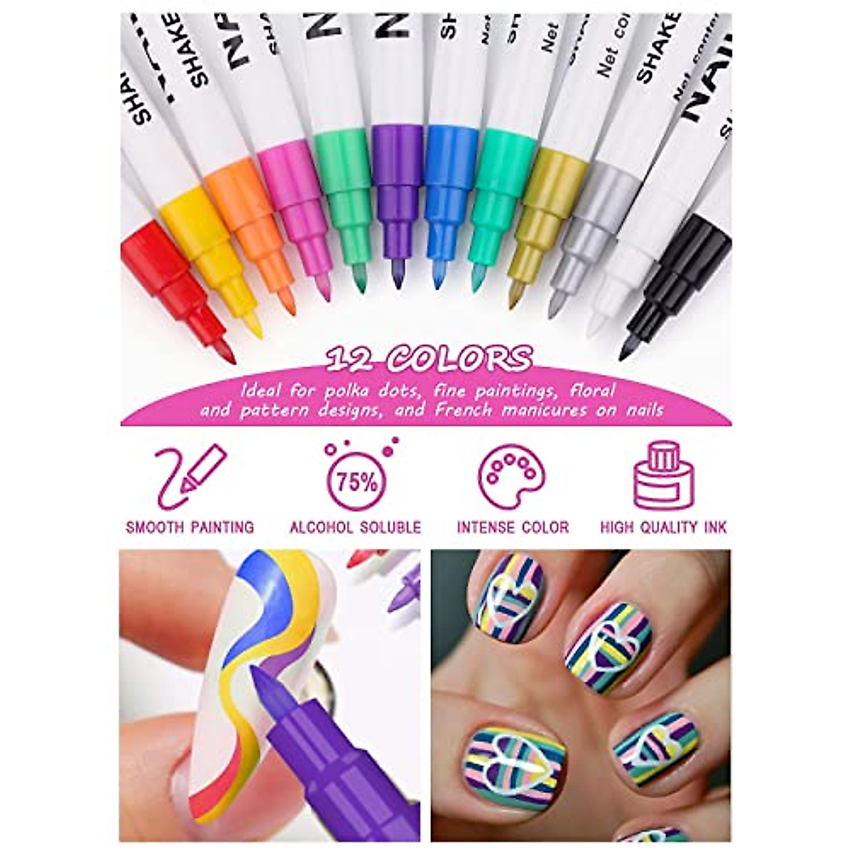 12 Color 3D Nail Art Pens Set, Kalolary Nail Polish Pens Nail Point Graffiti Dotting Pen Drawing Painting Liner Brush for DIY Nail Art Beauty Adorn Manicure Tools(A)