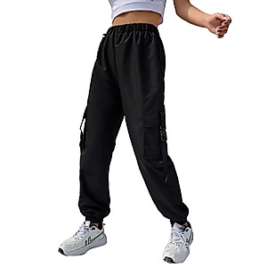 DIDK Women's High Waisted Flap Pocket Solid Jogger Cargo Pants with Chain Black M