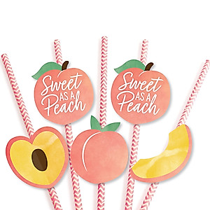 Big Dot of Happiness Sweet as a Peach - Paper Straw Decor - Fruit Themed Baby Shower or Birthday Party Striped Decorative Straws - Set of 24