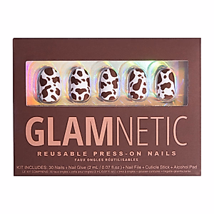 Glamnetic Press On Nails - Chocolate Milk | UV Finish Short Round Brown Cow Print Nails, Reusable | 15 Sizes - 30 Nail Kit with Glue