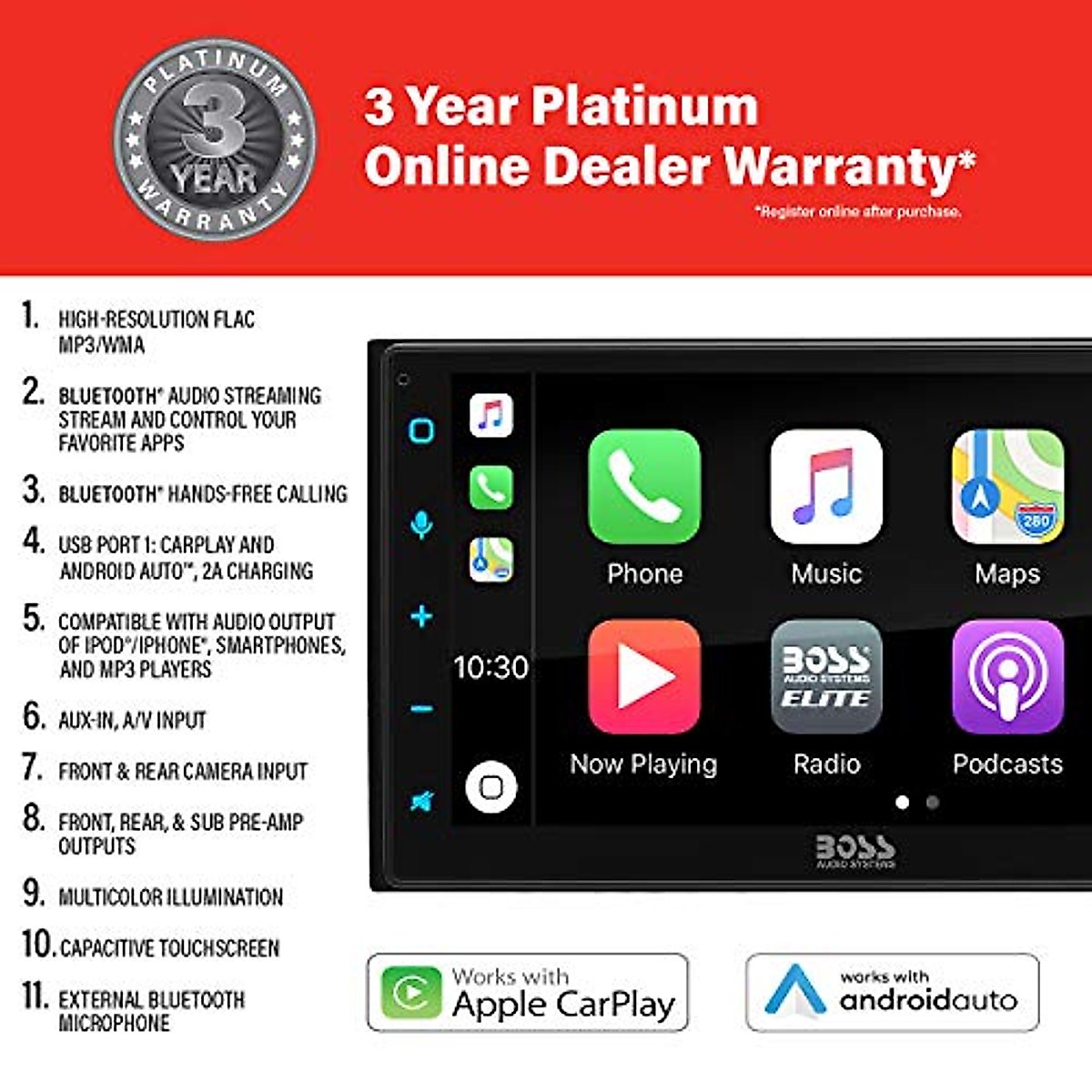 BOSS Audio Systems Elite Series BE950WCPA Wireless Apple CarPlay Android Auto Car Multimedia Player - 6.75 Inch Capacitive Touchscreen, Bluetooth, No DVD, Multicolor Illumination, High Resolution FLAC