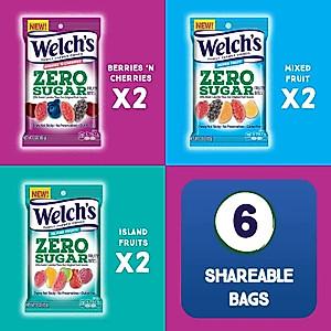 Welch’s Fruit Snacks, Zero Sugar Mixed Fruit, Berries 'N Cherries & Island Fruit, Perfect for School Lunches, Variety Case, 3 oz (Pack of 6)