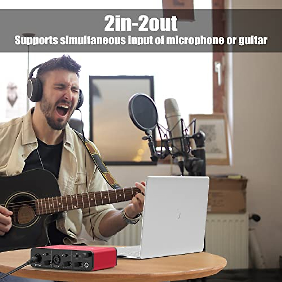 USB Audio Interface 2 In 2 Out with 48V Phantom Power,XLR Mic USB Audio Mixer Recording Podcasting and Streaming 24Bit/192kHz True Stereo