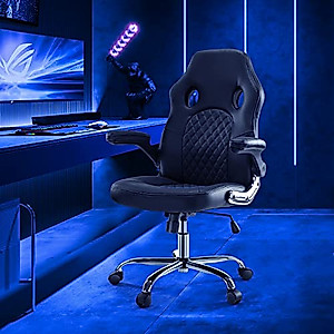 OLIXIS Gaming Ergonomic Office Desk Flip-up Armrests and Lumbar Support PU Leather Executive Mid Back Computer Chair for Adults, 26.37D x 29.13W x 44.49H in, Black