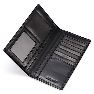 HISCOW Slim Leather Long Wallet for Men & Women, Italian Calfskin, Breast Pocket Wallet for Checkbook, Credit Cards (Black)