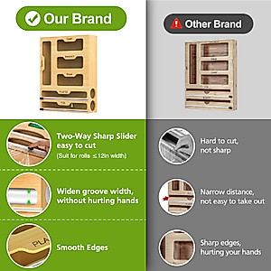 Lawmoliw Bag Storage Organizer for Kitchen Drawer, 6 in 1 Foil and Plastic Wrap Dispenser with Cutter, Bamboo Plastic Bag Food Baggie Organizer for Gallon, Quart, Sandwich, Snack