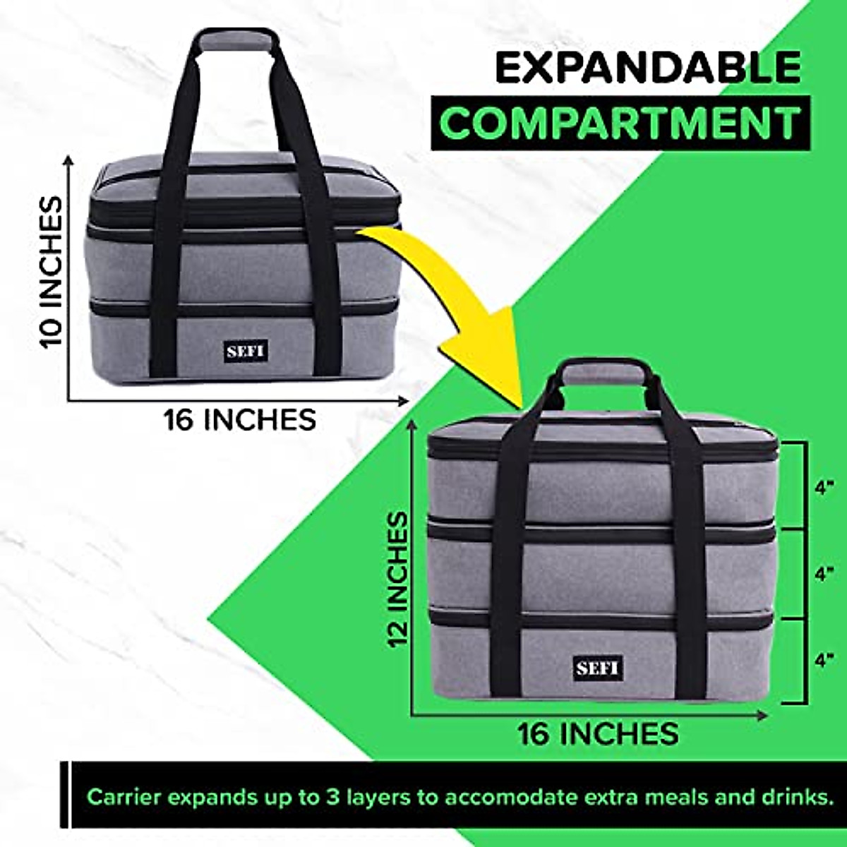 SEFI Insulated Casserole Dish Carrier 3 Decker for Hot Food or Cold Drink | Thermal Food Container with Expandable Compartment | Keep Food Warm for Travel, Picnic & Special Occasions (Gray)