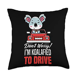 Funny Driver's License New Drivers Apparel & Gifts Don't Worry I'm Koalafied to Drive Funny New Driver Throw Pillow, 18x18, Multicolor
