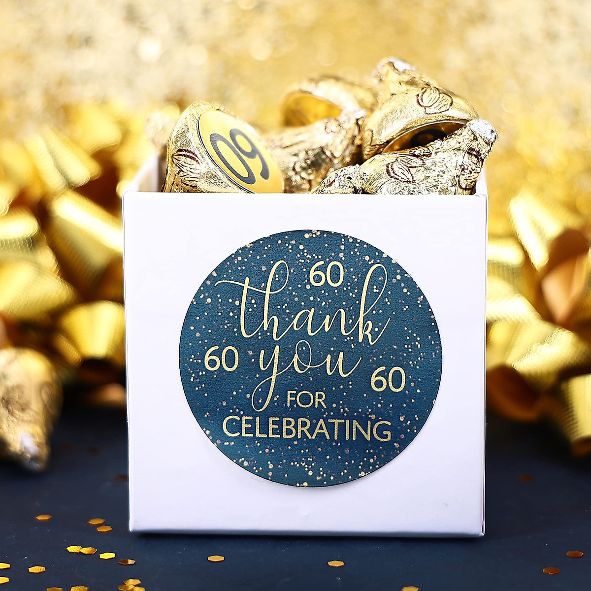 Navy Blue and Gold Birthday Favor Stickers - Gold Bday Thank You Labels, Envelope Seals, Candy Stickers - 1.75 in. - 40 ct - Adult Birthday Party Supplies (60th Birthday)