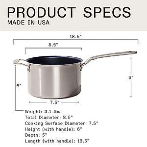 Made In Cookware - ProCoat 4 Quart Non Stick Sauce Pan Without Lid - Harbour Blue - 5 Ply Stainless Clad Nonstick Saucepan - Professional Cookware - Crafted in USA - Induction Compatible