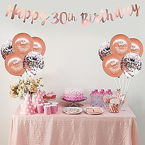Happy 30th Birthday Banner 12 PCS, Rose Gold 30th Birthday Banner Bunting with 12 Inch Rosegold Happy 30th Birthday Confetti Helium Latex Balloons for Women 30th Birthday Party Decorations Supplies