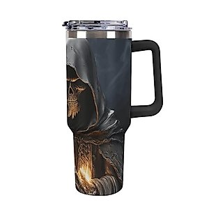 LLUTSNTH 40 Oz Vacuum Tumbler with Black Handle Leakproof Insulated Tumbler Grim-Reaper Stainless Steel Travel Mug with Lid And Straw Coffee Cup Cute Water Bottles Cup Holder Friendly