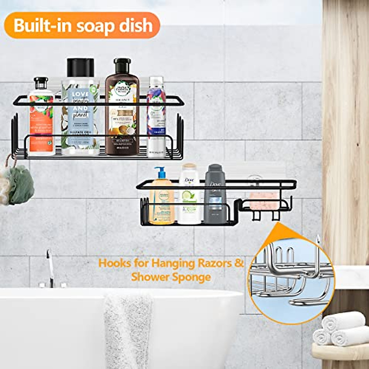 Smatorga Adhesive Shower Caddy with Hooks 2 Pack Shower Organizer Shelf, No Drilling Stainless Steel Bathroom Storage Rack for Inside Shower Shampoo Conditioner Holder,Black…