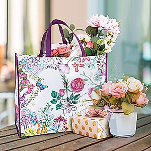 NymphFable 6 Pack Grocery Bags Reusable Peony Colorful Flowers Butterflies Shopping Bags Washable Foldable Tote Bag