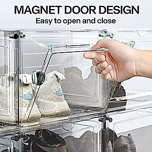 TVKB Large Clear Shoe Organizer Boxes Stackable Shoe Storage Sturdy Hard Plastic Shoe Box with Magnetic Front Door for Closet, Easy Assembly, Fit Up to Size 12(13.4"*10.6"*7.4)