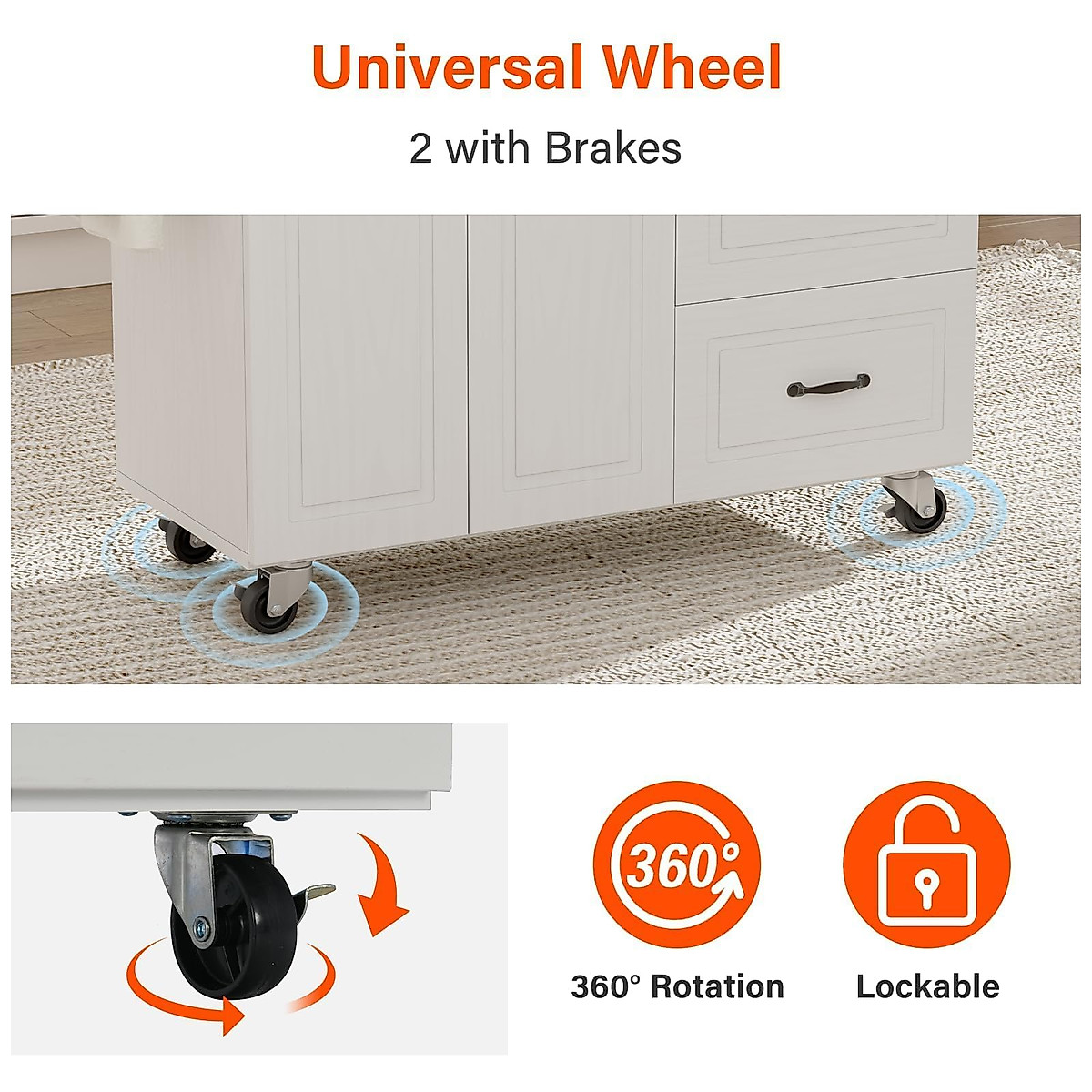 4 EVER WINNER Kitchen Island Cart with Drop Leaf & 3 Drawers, 43” Kitchen Island with Storage Cabinet on Wheels, Spice Rack, Towel Rack, Rolling Kitchen Island Table Breakfast Bar for Kitchen, White