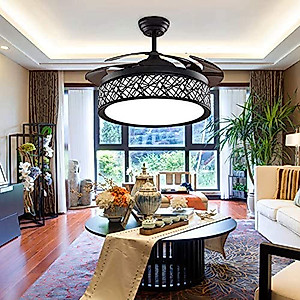 42 inch Black Cage Ceiling Fan with Lights, Ceiling Fan with Retractable Blades Three Color Change Chandelier with Remote Control, Dining Room/Living Room/Bedroom Lighting Decoration-36W