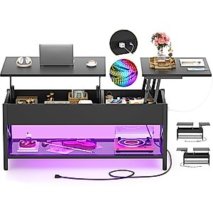 Besiost Lift Top Coffee Table with Storage, LED Light & Power Outlet and Hidden Compartment, Retro Center Table for Living Room, X Support Wood Tabletop, Metal Frame
