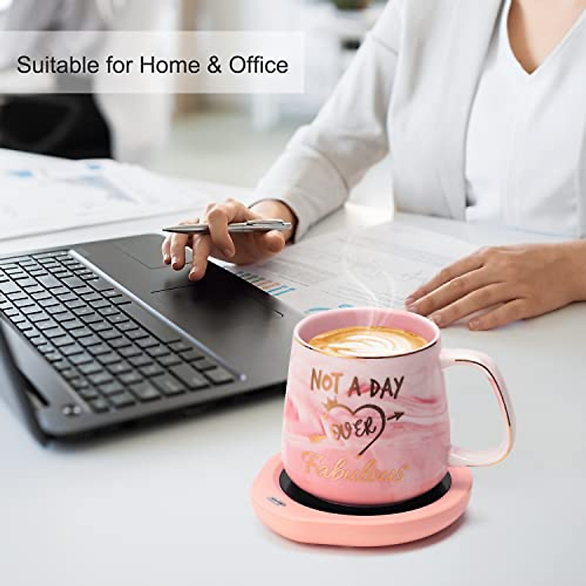 Coffee Mug Warmer & Not A Day Mug Set, Electric Cup Warmer for Desk Office Home, Beverage Warmer with 2 Temperature Setting, 8-Hours Auto Shut Off, Best Birthday Gift Ideas for Women