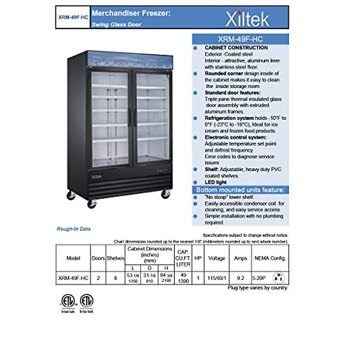 Xiltek Double Door Upright Commercial Display Freezer - Large Capacity Glass Door Merchandiser Freezer 45 CU Ft.