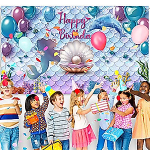 Under The Sea Mermaid Birthday Party Backdrop Girl Princess Mermaid Scales Birthday Photo Booth Backdrop Purple Blue Mermaid Pearl Whale Background Banner for Birthday Party Decor, 71 x 43 Inch