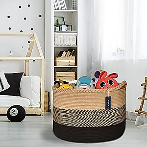 COMSE Extra Large Blanket Basket, Storage Basket, Laundry Basket, 21.7”x 13.8”, Laundry Hamper, Cotton Rope Basket, Blanket Basket Living Room, Toy Basket (Brown & Black)