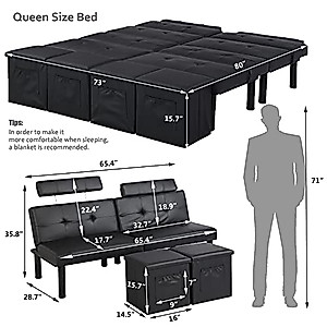 VUYUYU Convertible Futon Couch Bed with Two Storage Ottoman/Coffee Table, Leather Folding Loveseat Sleeper, Small Futon Sofa for Compact Living Space, Apartment, Dorm, Bedroom