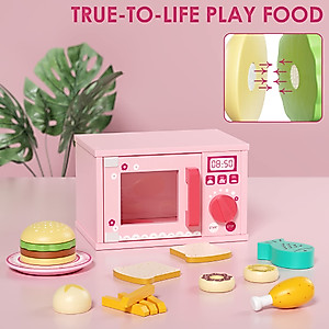 Wooden Microwave Toys Kitchen Play Set, Pretend Play Microwave with Play Food Including Hamburger Fish, Montessori Early Learning Toy Kitchen Accessories Gift for Boys Girls