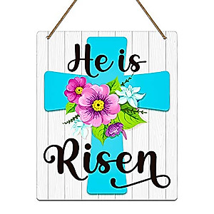 Hohomark He is Risen Door Sign,Easter Cross Religious Decorations Easter Door Hanging Sign for Wall Door Home Spring Decor 11.7x9.8x0.2inch Multicolor