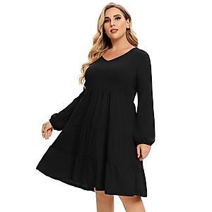 ShopWonder Women's Plus Size Casual Tunic Mini Dress Lantern Sleeve Ruffle Hem V Neck Loose Swing Fall Dresses Plus Size(Black,2XL)