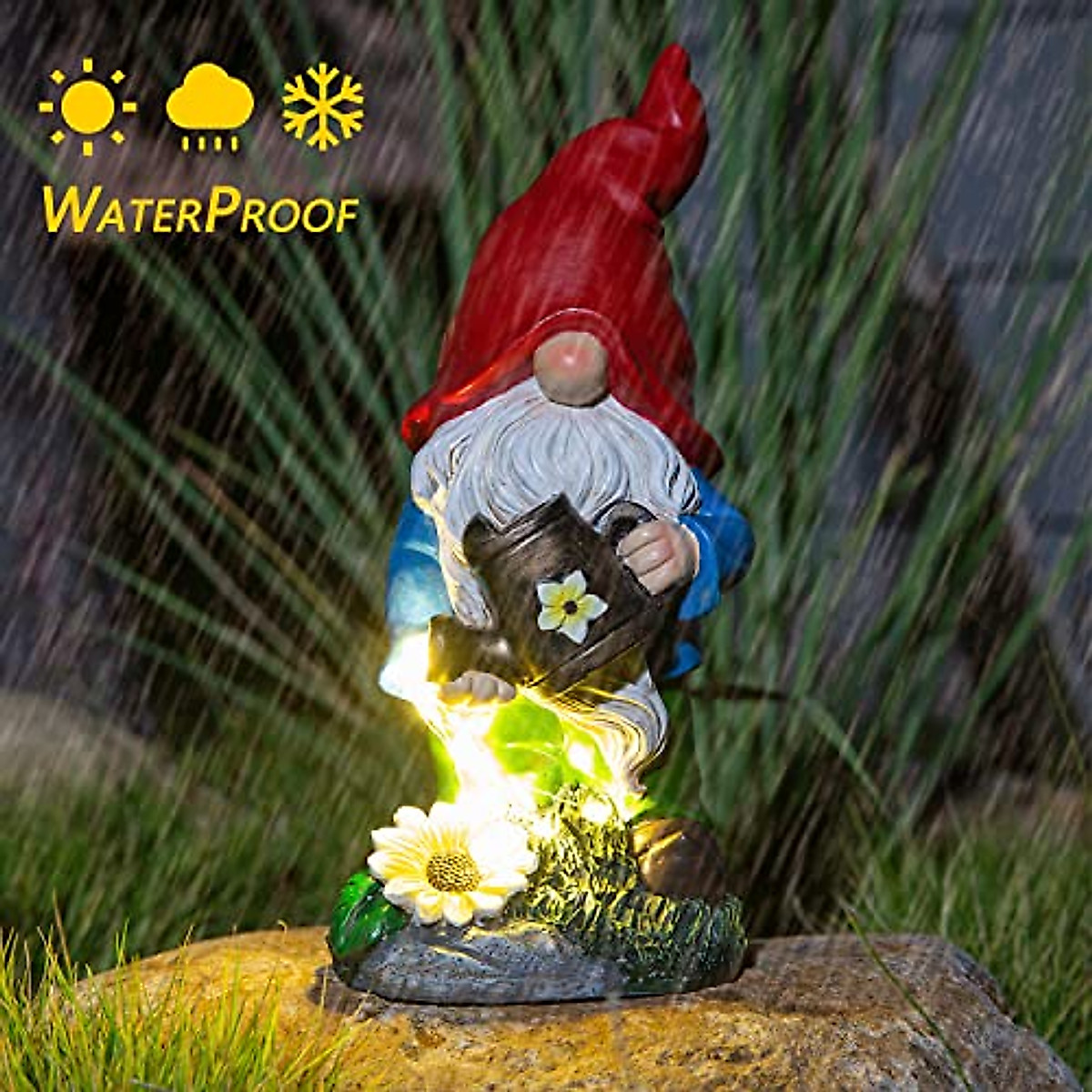 Garden Gnome Statue Outdoor Decor with Watering Can Solar Lights, Funny Knomes Figurines Watering Sunflower, Outside Decoration for Patio Yard Lawn Porch Ornaments Clearance Gardening Gift