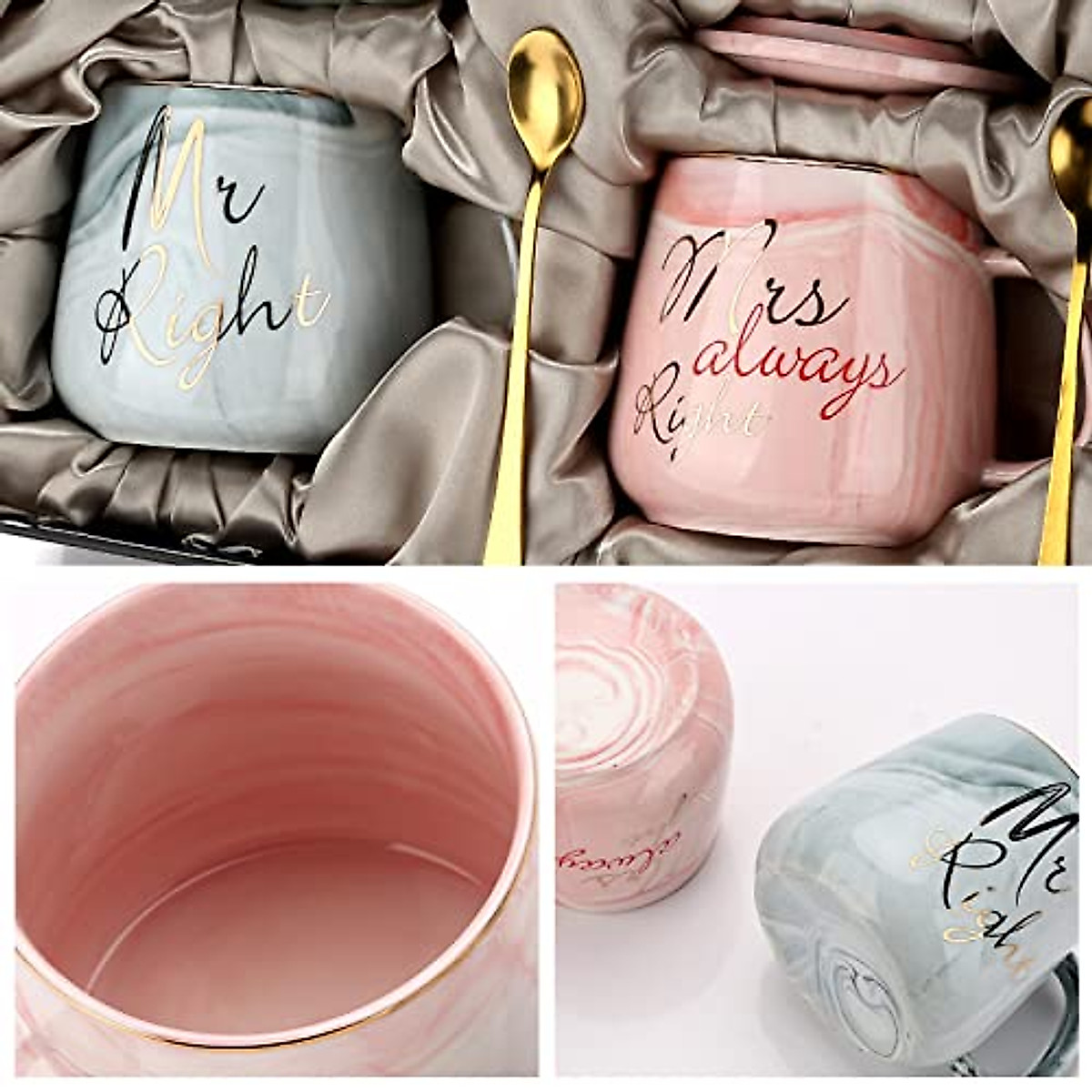 Mr Right Mrs Always Right Couple Coffee Mugs Cups - Bridal Shower Wedding Anniversary Valentine's Day Gift - Bride and Groom Newlyweds Married Couples Ceramic Marble Couple Cups Mugs Set (13.2 oz )