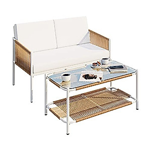 JAMFLY Patio Furniture 2 Piece Wicker Set, Outdoor Patio Furniture Rattan Conversation Set, All Weather Patio Set Loveseat Sofa for Backyard, Balcony, Porch with Soft Cushions and Glass Table