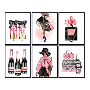 African Americans Wall Decor - Black Wall Art - Glam Wall Art - Designer Perfume, Handbags Shoes - High Fashion Design Set - Pink Glamour Luxury Couture Wall Decor for Women, Girls Bedroom, Teens Room