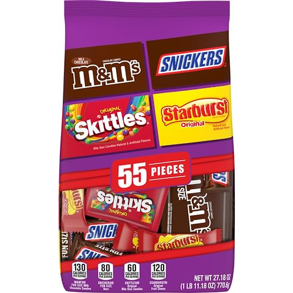 M&M'S, SNICKERS, STARBURST & SKITTLES Assorted Candy Variety Pack, 27.18 oz, 55 Pieces Bulk Candy Bag