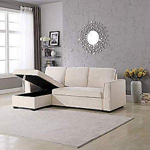 Legend Furniture Velvet Chaise Storage Reversible Sofa Bed Sleeper Sectional, 91", Cream