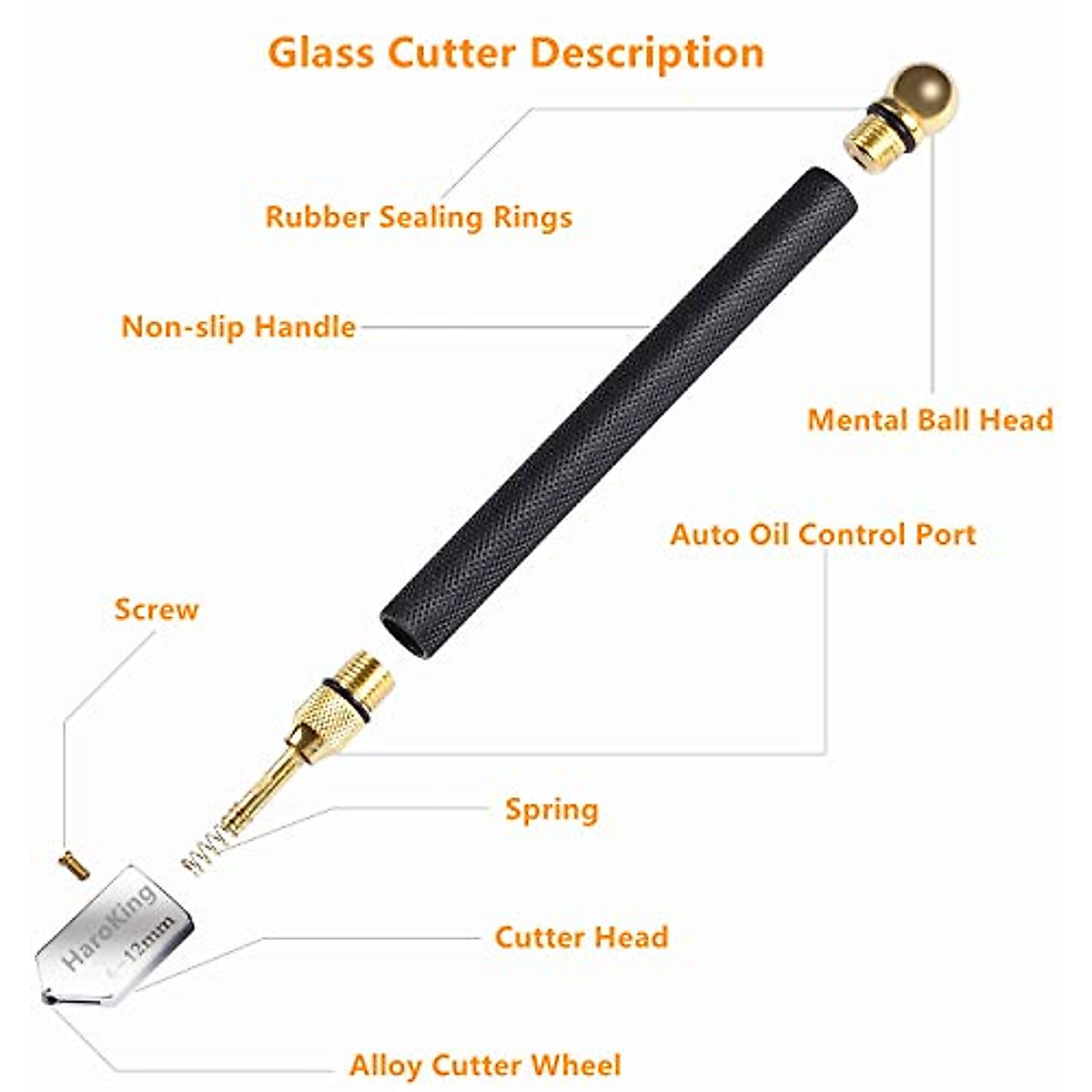 Glass Cutter Kit with Cutting Oil, 2mm-20mm Professional Cutting Head, Aotomatic Pencil Oil Feed Carbide Tip Glass Cutter Tool for Thick Glass Mosaic and Tile