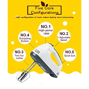 SFXFJ Hand Mixer Electric, 7 Speeds, 100 Watts, 110 Voltage, Stainless Steel Rods, Dough Hooks & Mixer Beaters for Dressings, Frosting, Meringues & More, High Capacity Whisk, White