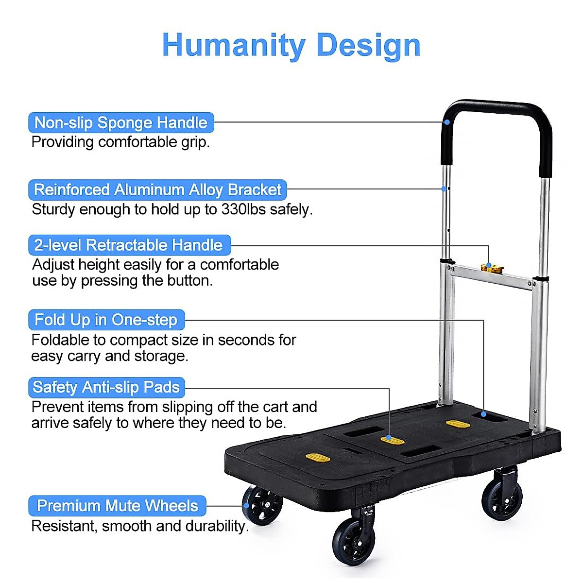 HBFBDRCT Folding Hand Truck, 150kg/330 Lbs Heavy Duty Luggage Cart, Portable Utility Dolly Platform Cart with Adjustable Handle for Auto, Luggage, Personal, Travel, Moving Shopping and Office Use