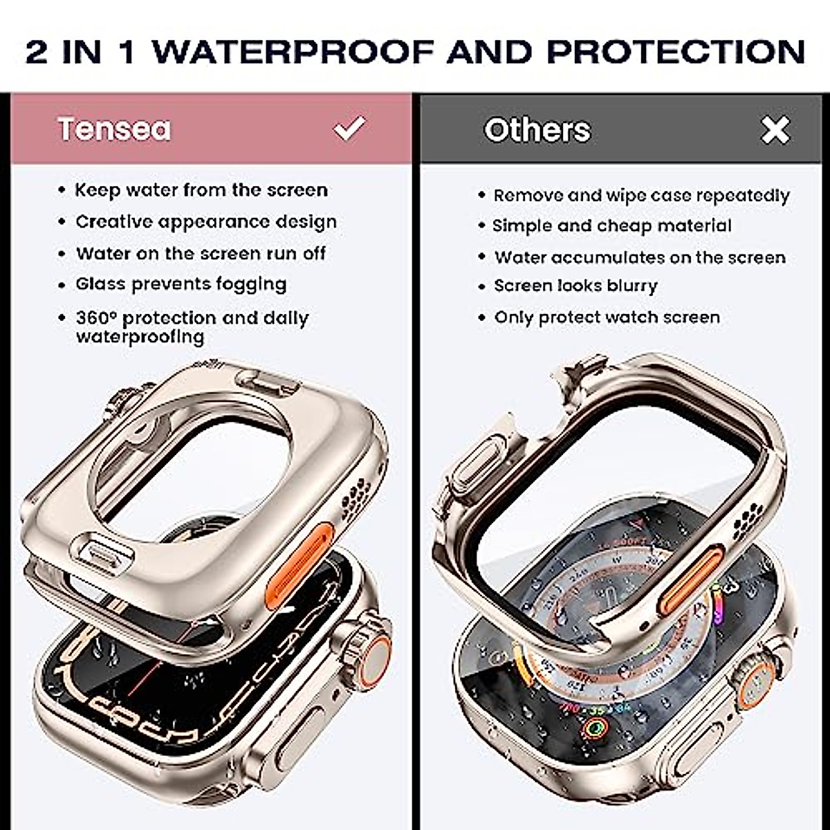 (2 in 1) Tensea for Waterproof Apple Watch Screen Protector Case Series 9 8 7 45mm【Apple Watch Ultra Style Case】, iWatch Protective Face Cover Look Like Ultra with Tempered Glass Film for Women Men