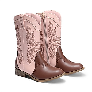 DREAM PAIRS Cowgirl Boots for Girls Boys Cowboy Boots Kids Western Embroidered Mid Calf Riding Shoes with Walking Heel Toddler/Little Kid/Big Kid,Size 9 Toddler,Pink/Brown,SDBO2222K