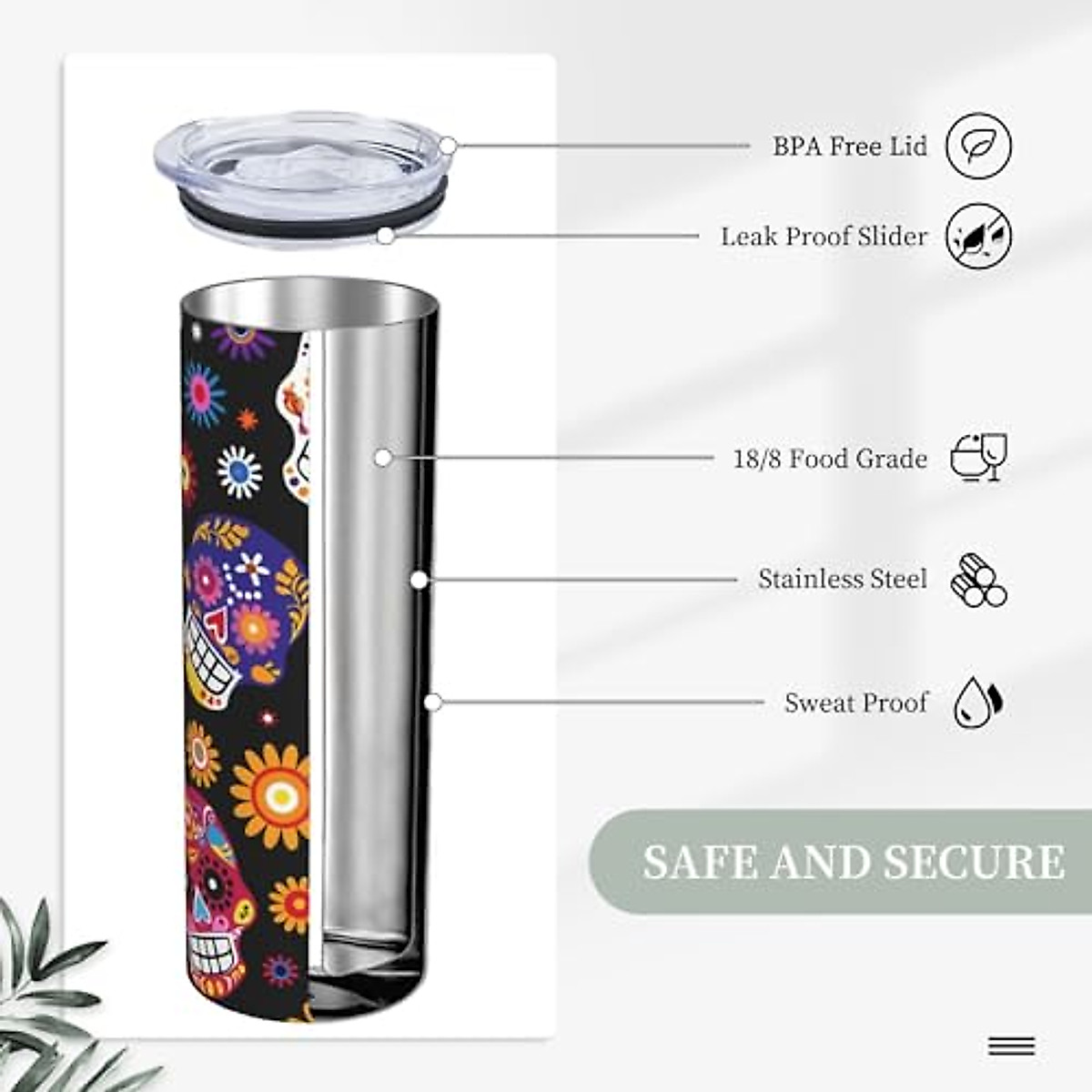 Tangopi Skull Head Floral 20 oz Tumbler with Lid and Straw Insulated Travel Coffee Mug Reusable Spill Proof Coffee Cups Stainless Steel Water Bottle for Hot and Cold Drinks