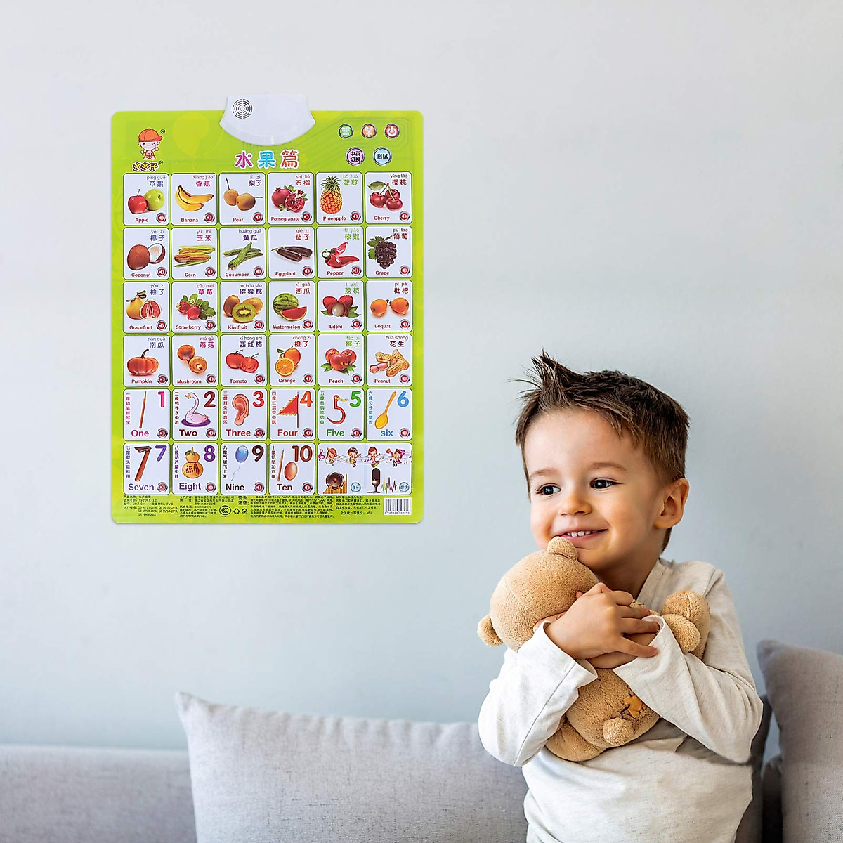 STOBOK 2pcs Fruit, Interactive with Numbers, Charts Between Audio Colors, Music Posters Poster and Chinese Shapes, English Learn Electronic for Home Hanging Preschool