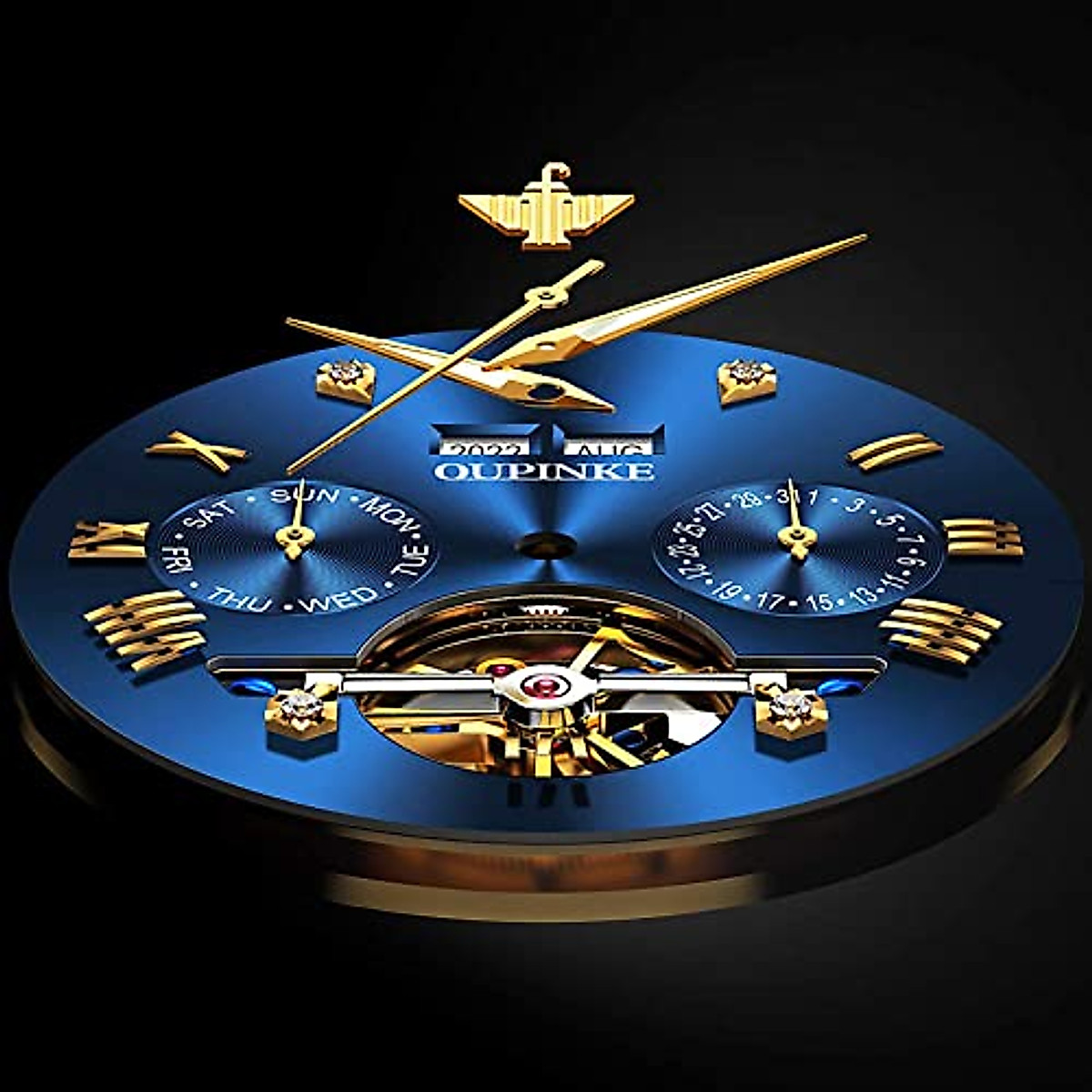 OUPINKE Automatic Mens Watches Blue Skeleton Mechanical Self Winding Tourbillon Luxury Business Dress Wristwatch