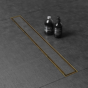 WEBANG 24 Inch Shower Linear Gold Drain Rectangular Floor Drain with Accessories Reversible 2-in-1 Cover Tile Insert Grate Removable SUS304 Stainless Steel CUPC Certified Brushed Gold Brass