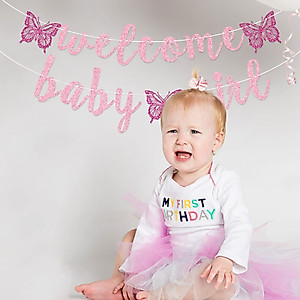 Welcome Baby Girl Banner, Butterfly Baby Girl Banner, Girl Baby Shower Decorations (Pink)