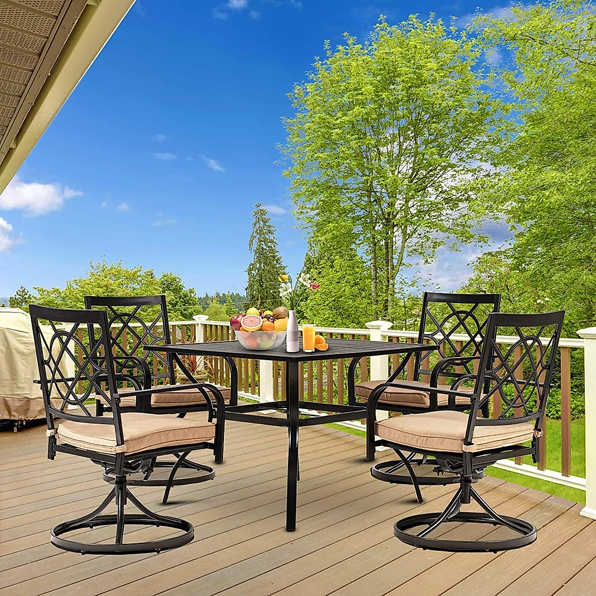 SUNCROWN Outdoor Dining Swivel Chairs Set of 4, Metal Frame Patio Chair Rocker with Brown Cushion for Garden, Bistro, Backyard